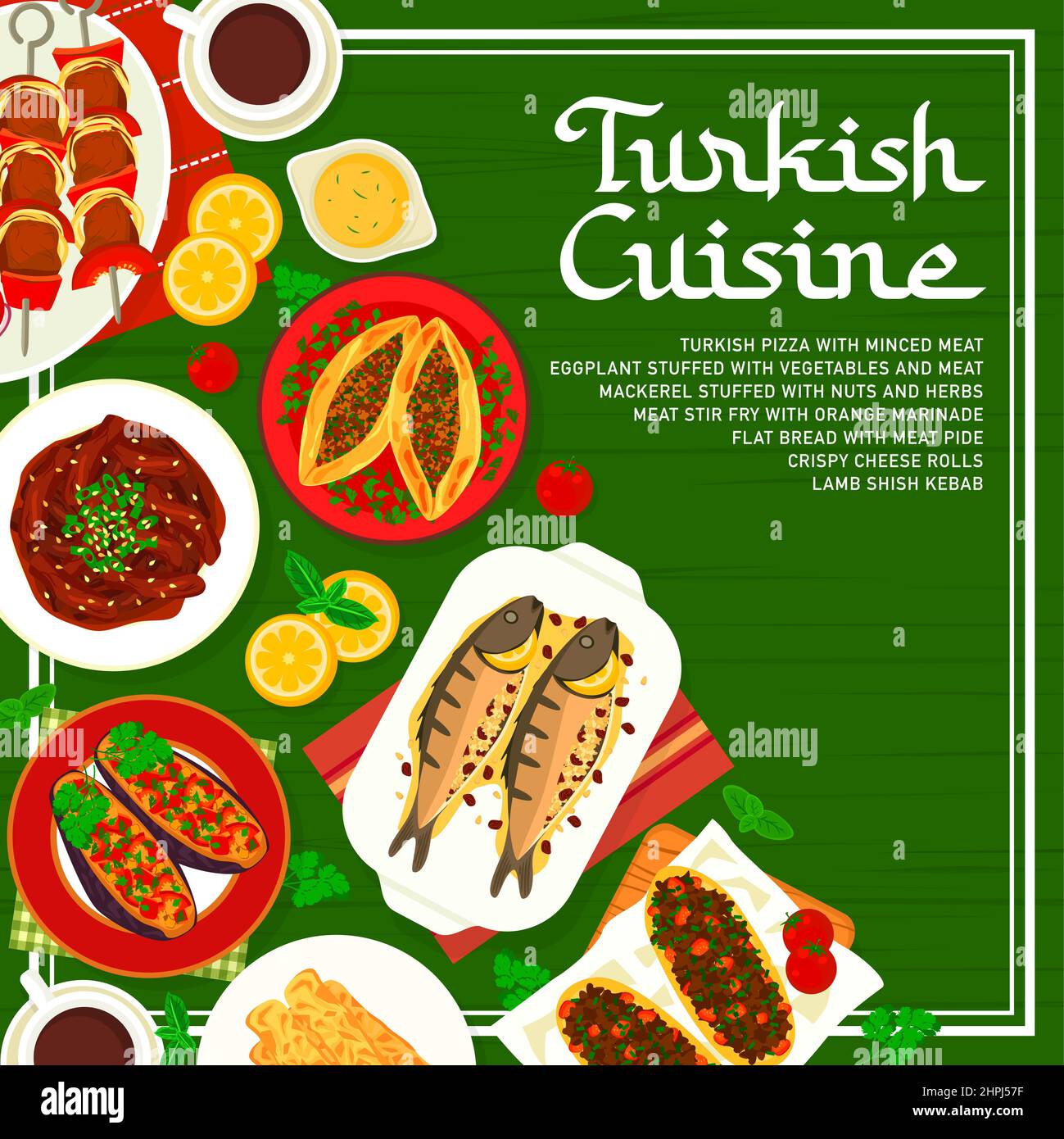 Turkish cuisine menu cover template with vector dishes of meat shish ...