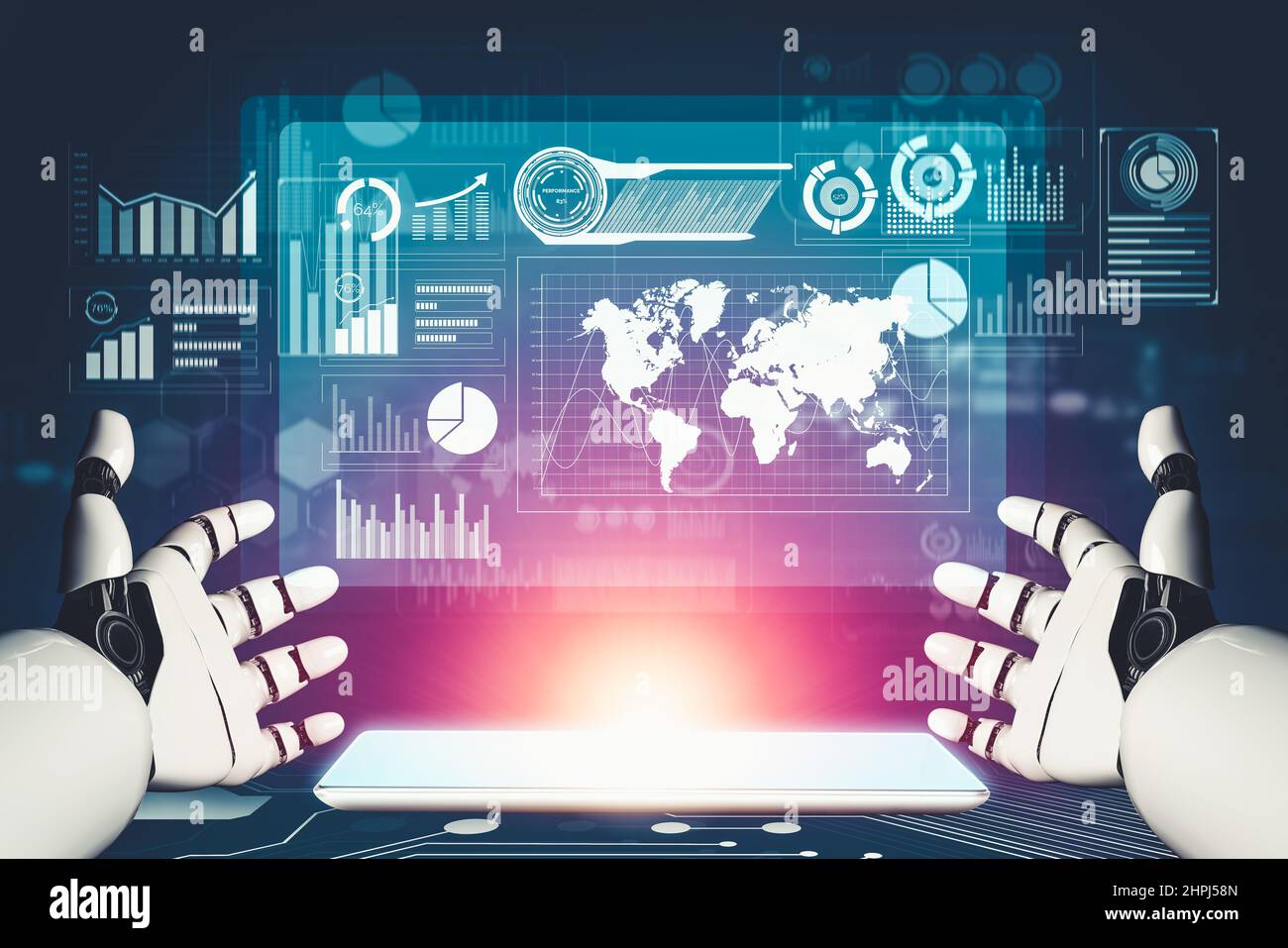 3D rendering futuristic droid robot technology development, artificial intelligence AI, and ...