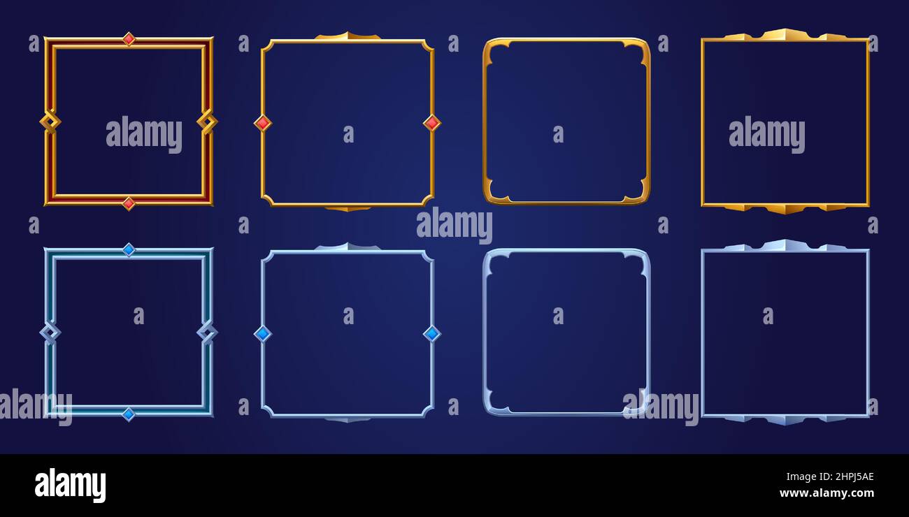 Set of square ui game frames, textured medieval borders of gold, silver ...
