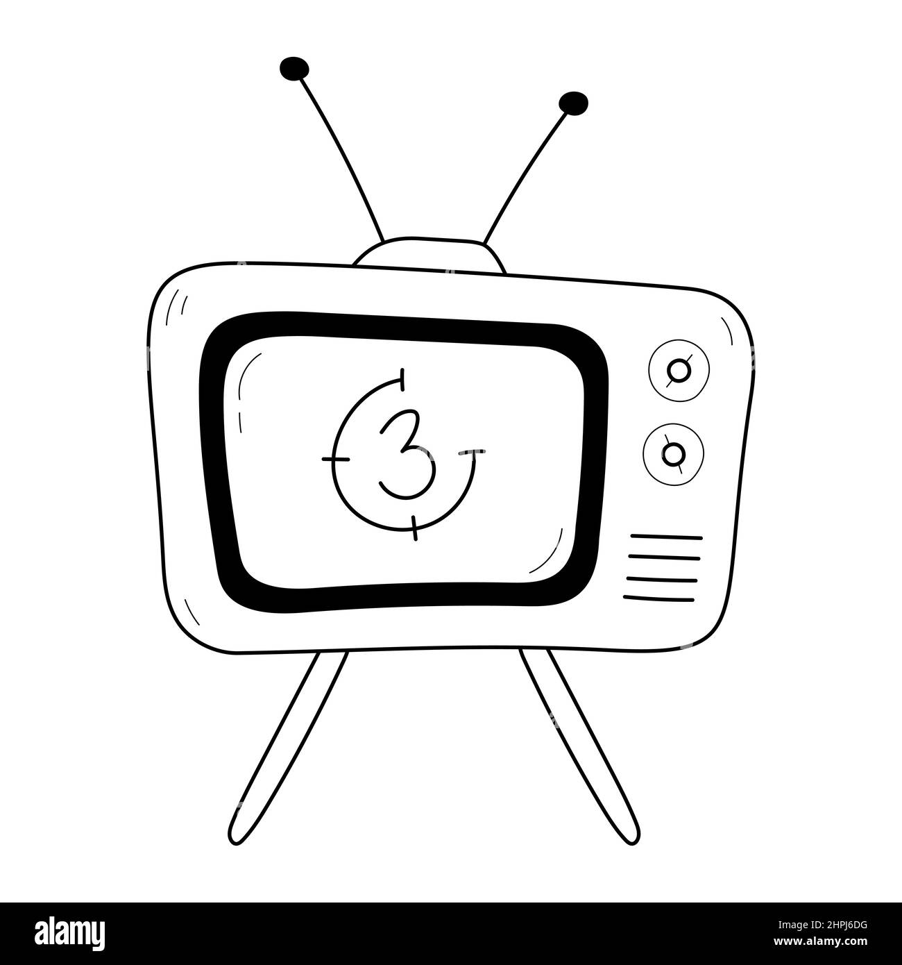 Old tv with antenna doodle icon. Old television isolated line drawing ...