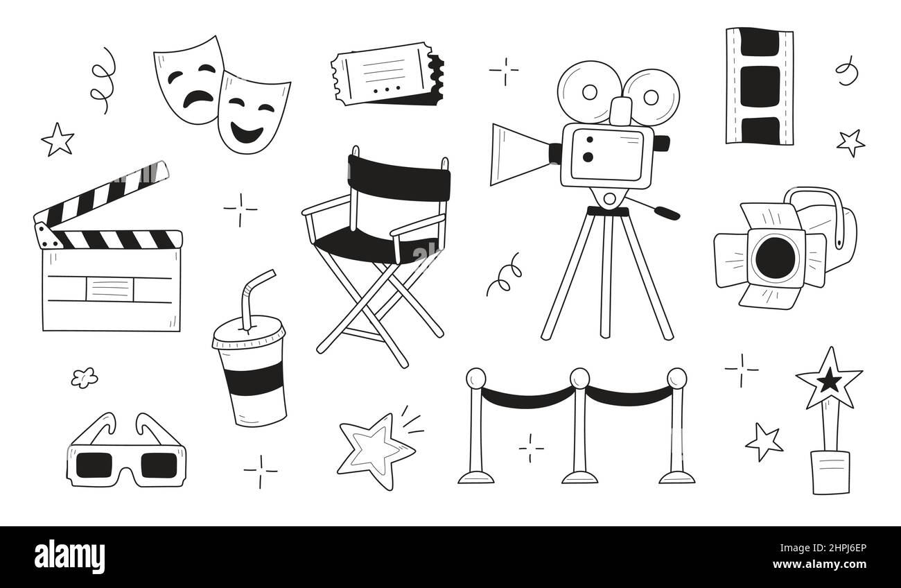 Movie, cinema doodle icon illustration. Doodle hand drawn sketch style movie elements, popcorn ...