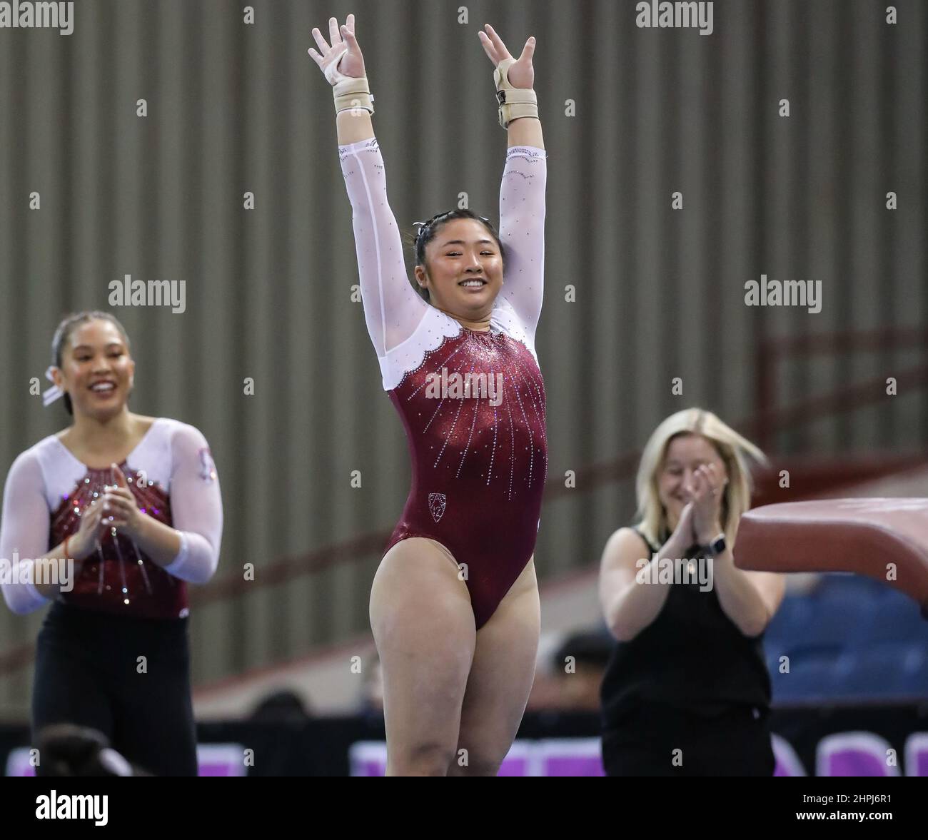 Fort Worth, TX, USA. 19th Feb, 2022. Stanford's Amanda Zeng salutes ...