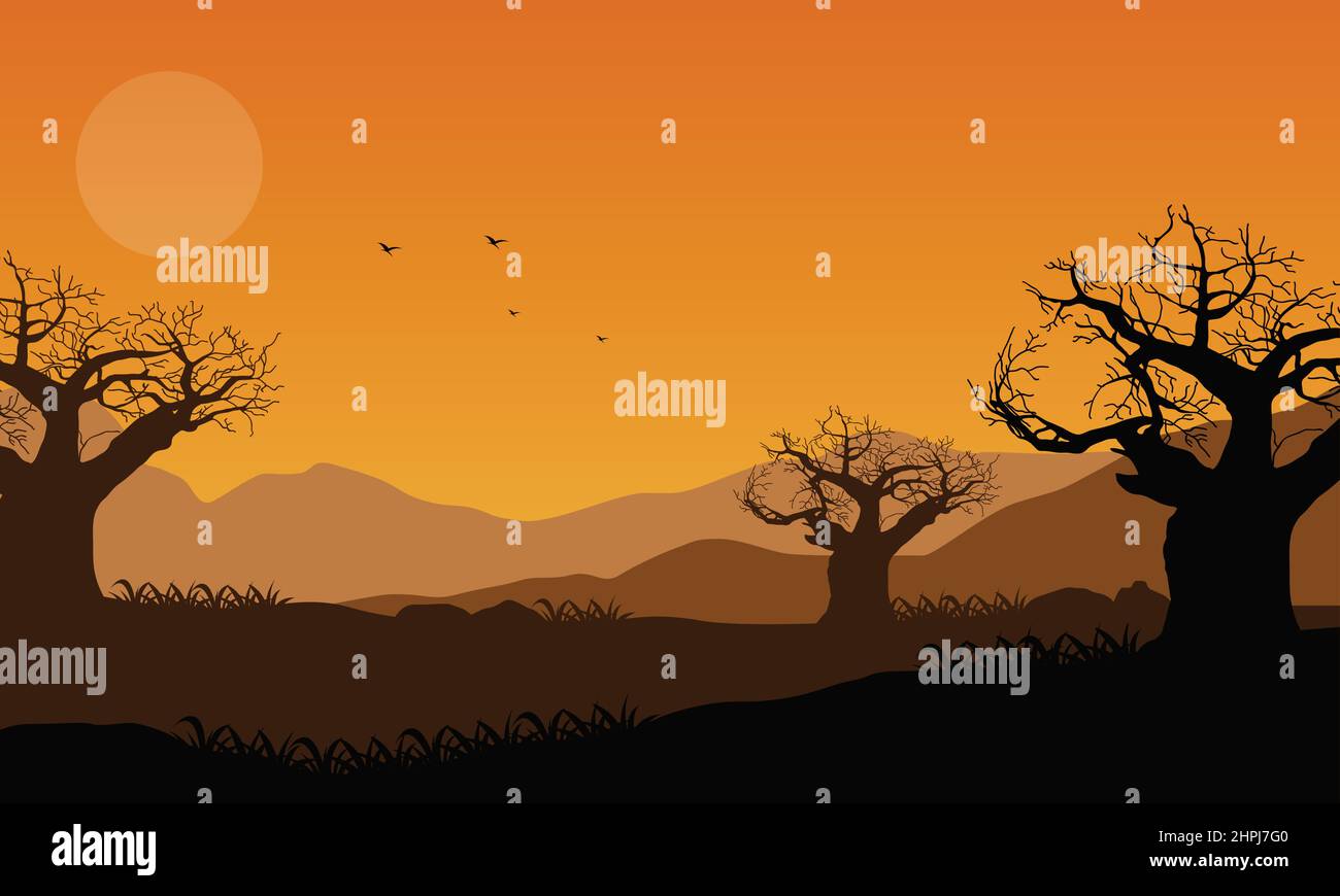 Stunning mountain views from outside the village at dusk. Vector ...