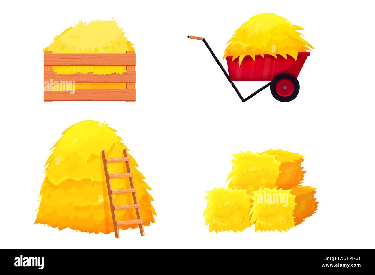 Set bale of hay, pile dried wheat with wooden box, pitchfork and ...