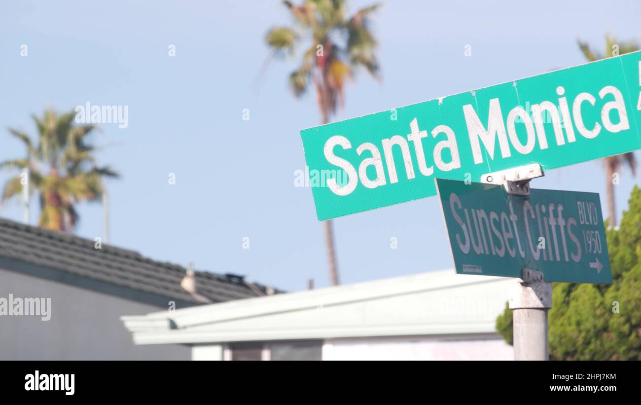 Santa Monica road sign on crossroad, California city street, USA ...