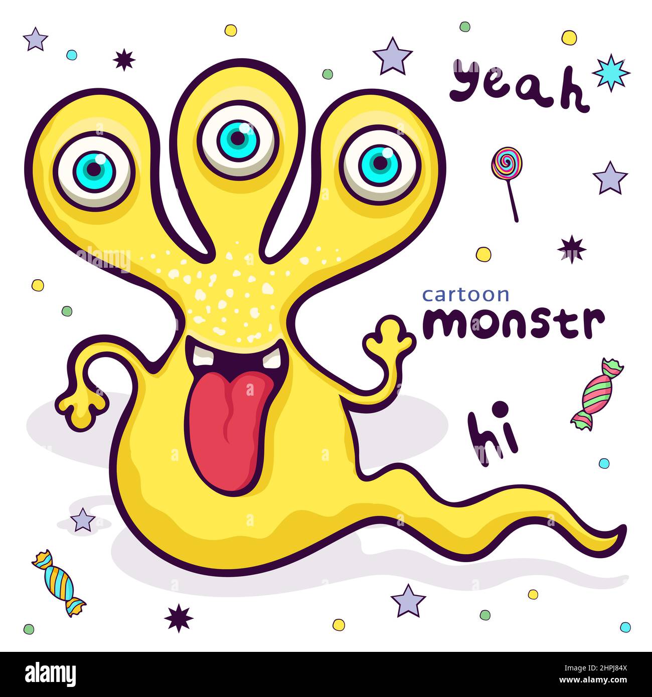 Cute monster, funny cartoon character, colorful hand drawing. Cheerful ...