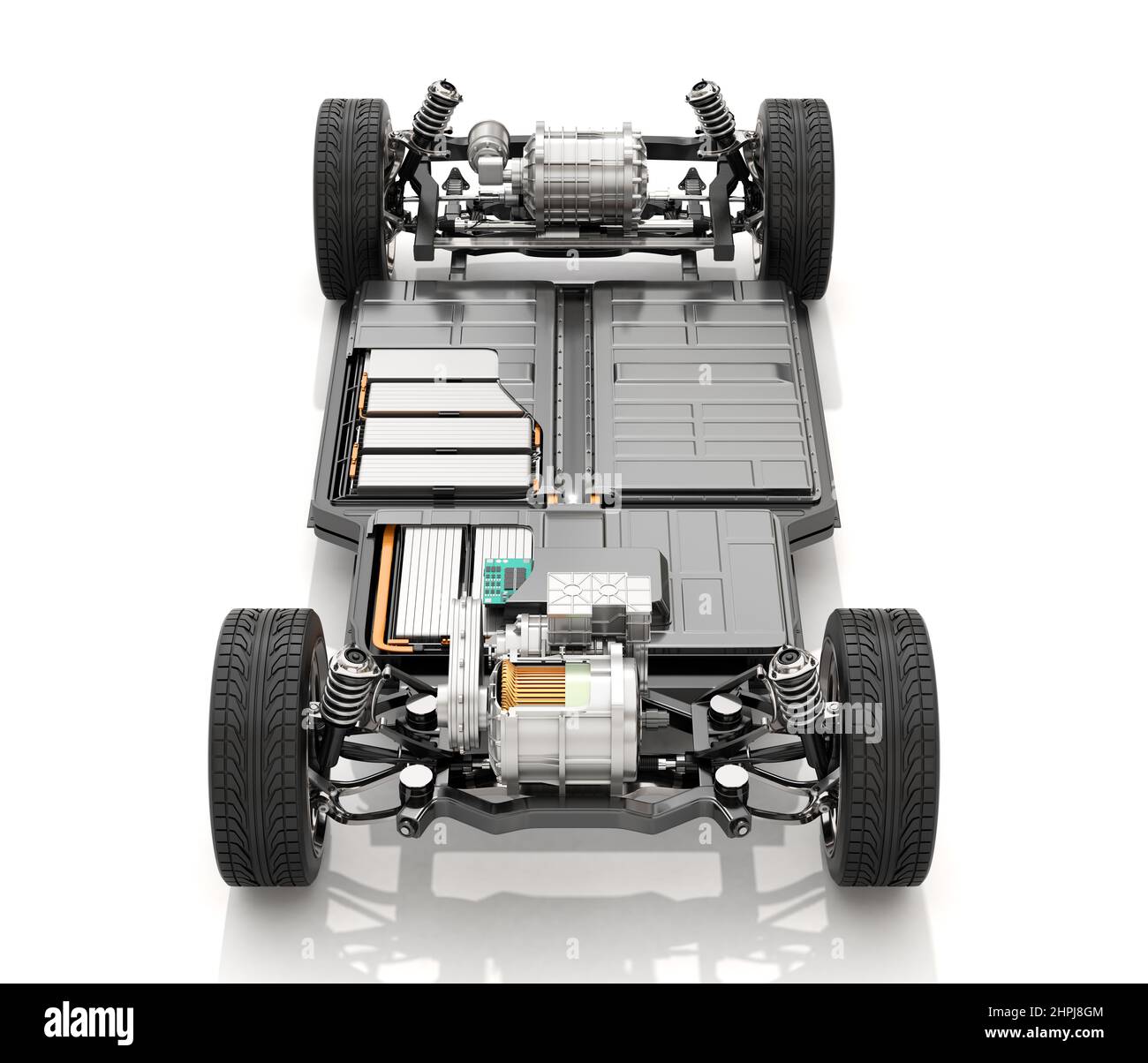 Cutaway view of Electric Vehicle Chassis with battery pack on white ...