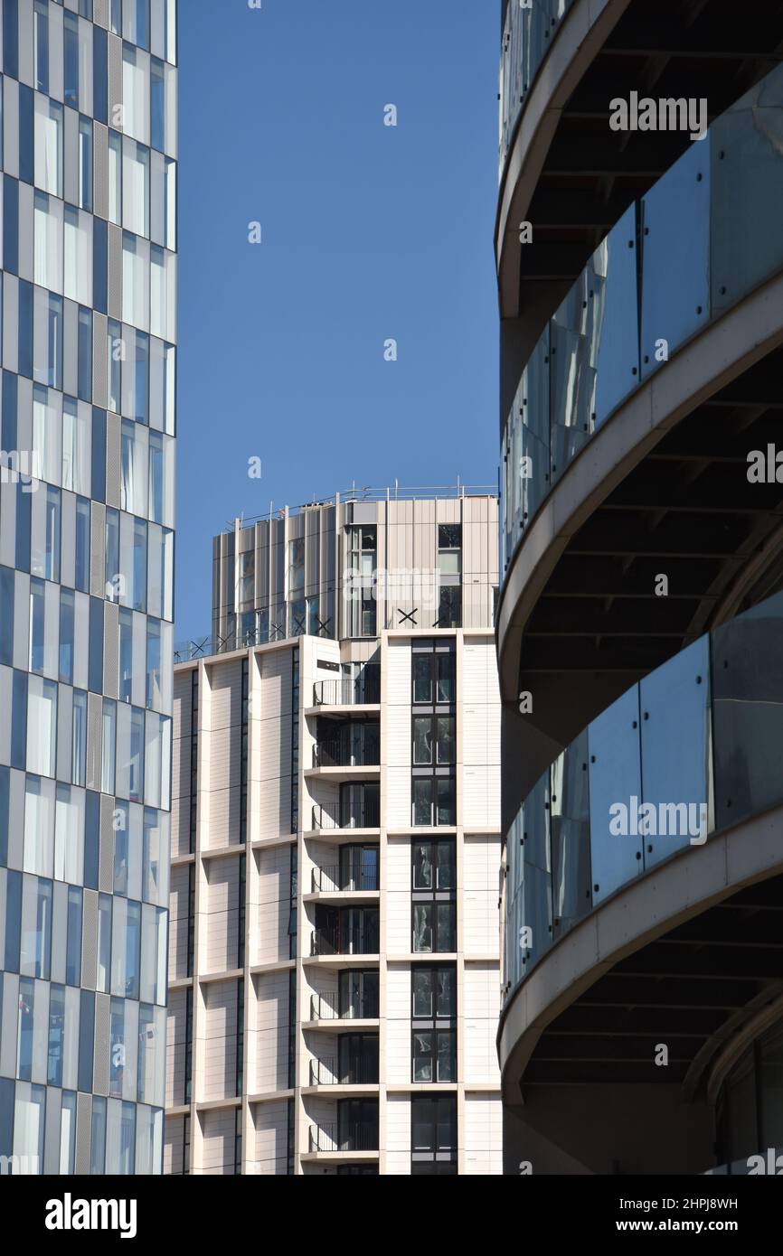 Modern buildings in Manchester City centre with architectural details ...