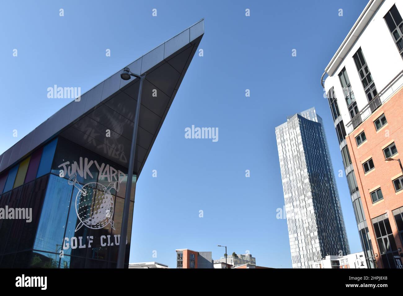 Modern buildings in Manchester City centre with architectural details ...