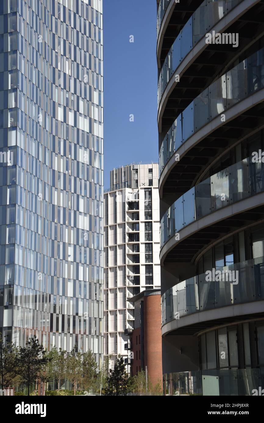 Modern buildings in Manchester City centre with architectural details ...