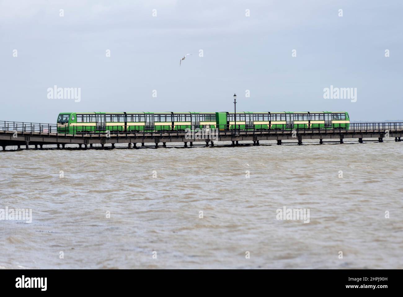 New Southend Pier electric railway train on the pier during a high ...