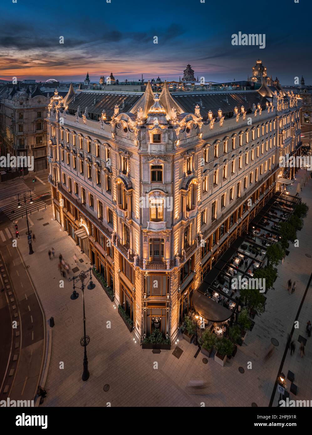 Budapest, Hungary - Aerial view of a renovated illuminated luxury ...