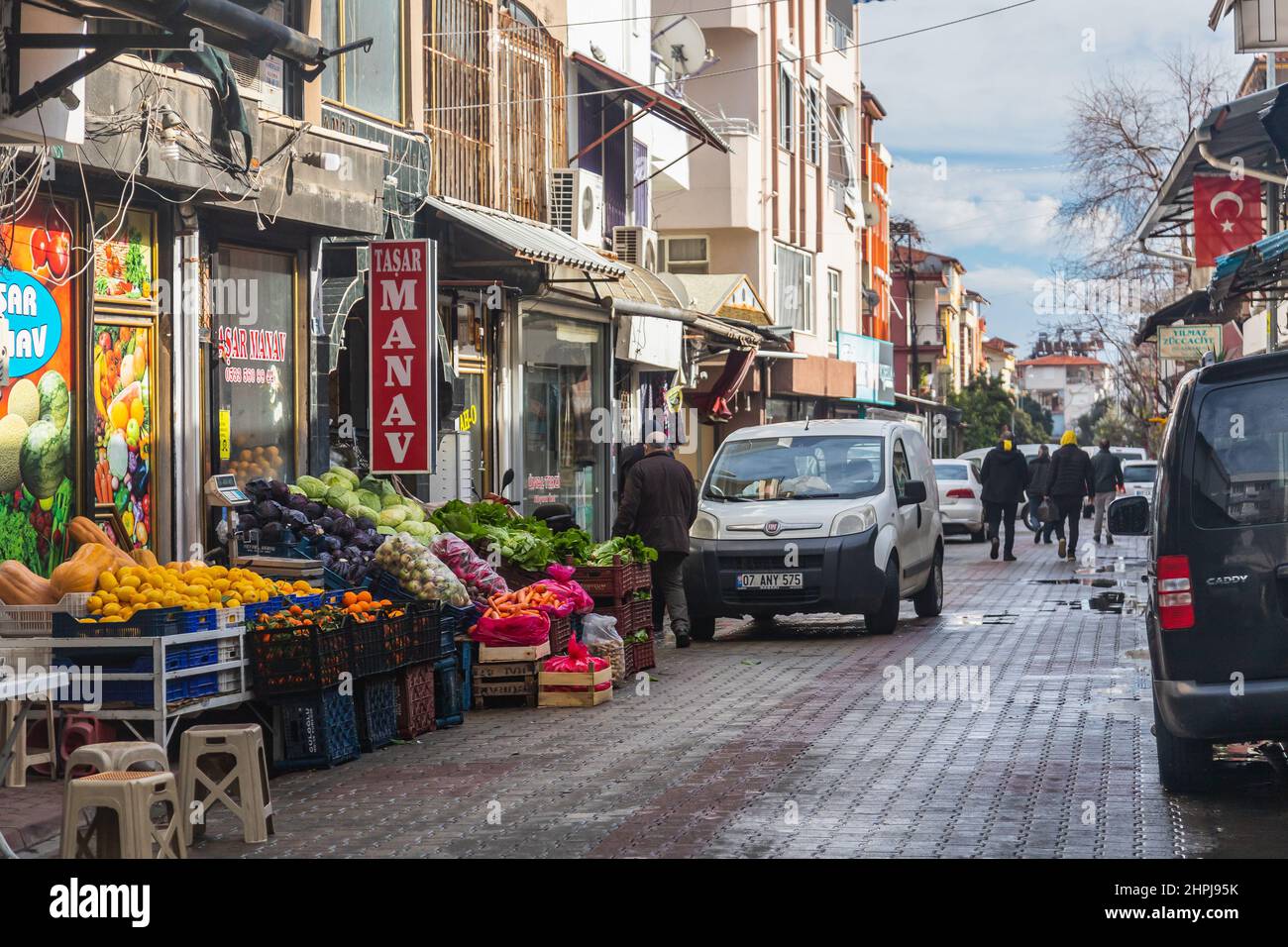 Side; Turkey – February 01 2022: city street with a fruit and vegetable ...