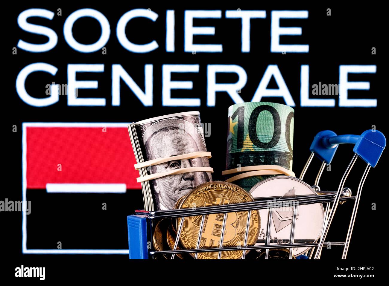 Crypto and traditional currencies in shopping cart on background of ...