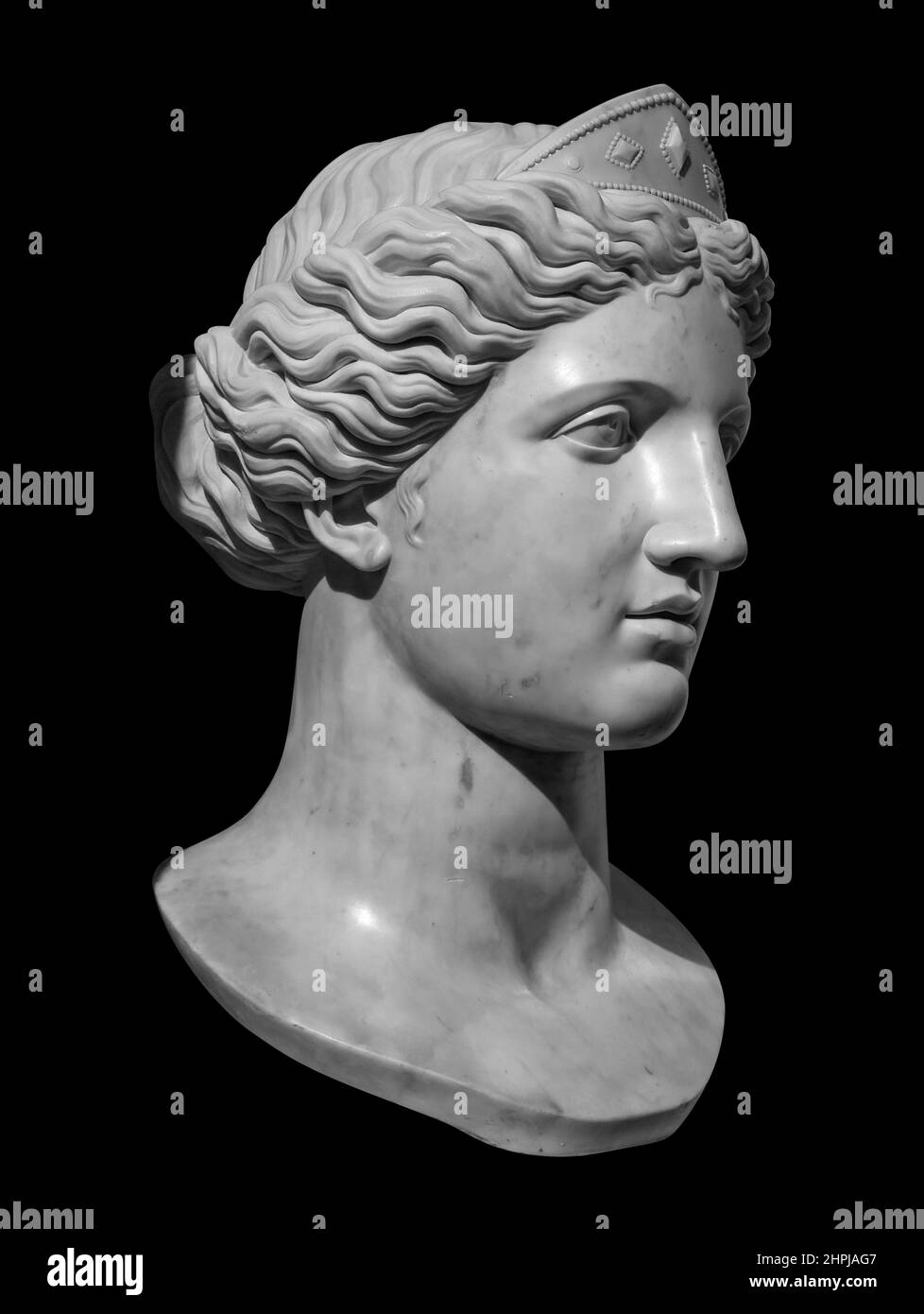 Gypsum copy of ancient statue Venus head isolated on black background ...