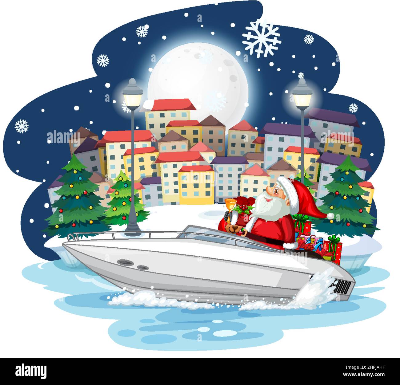 Santa Claus driving a speedboat through the city illustration Stock ...