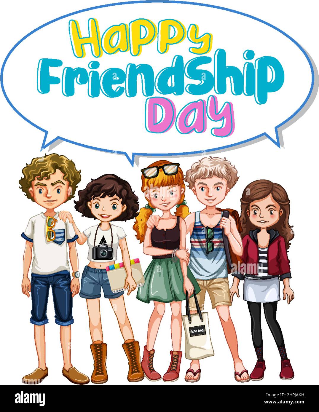 Happy Friendship Day logo banner with teenage group illustration Stock ...