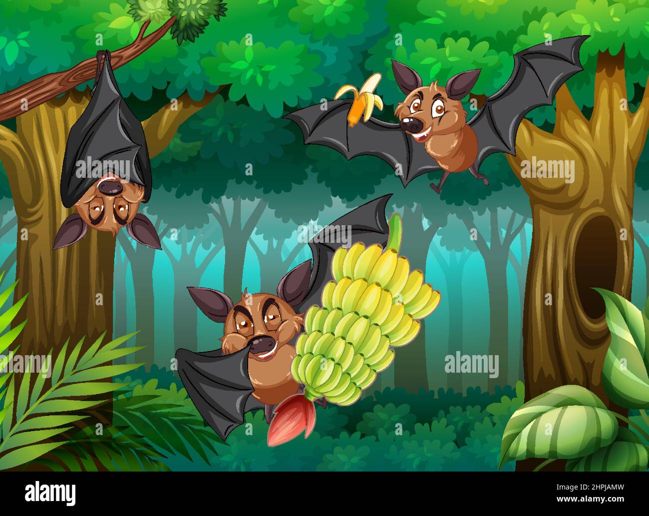 Forest scene with group of bats in cartoon style illustration Stock ...