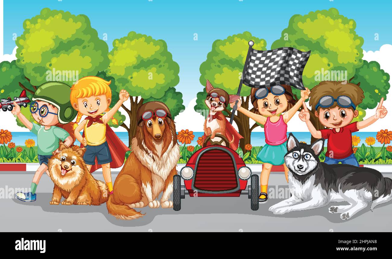 Outdoor scene with children and many cute dogs illustration Stock ...