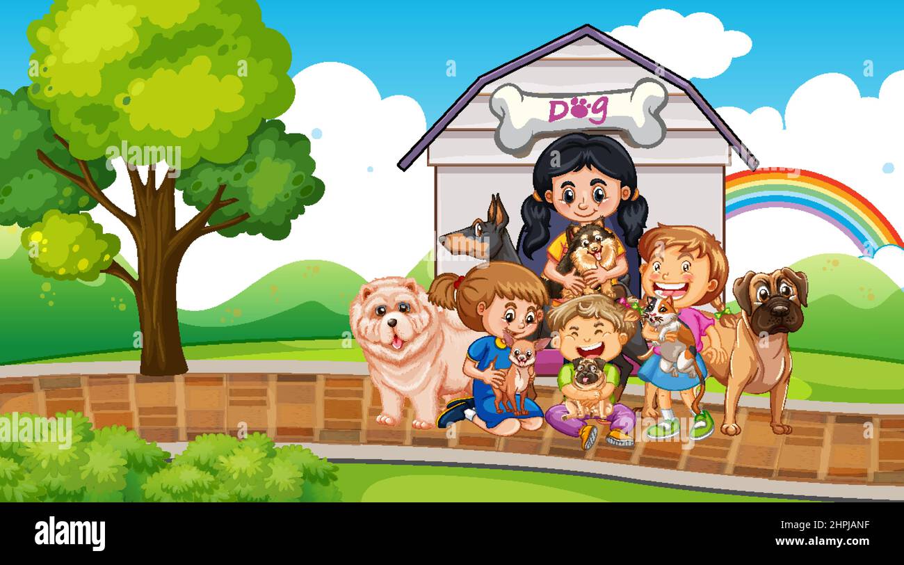 Park scene with children playing with their pets illustration Stock ...