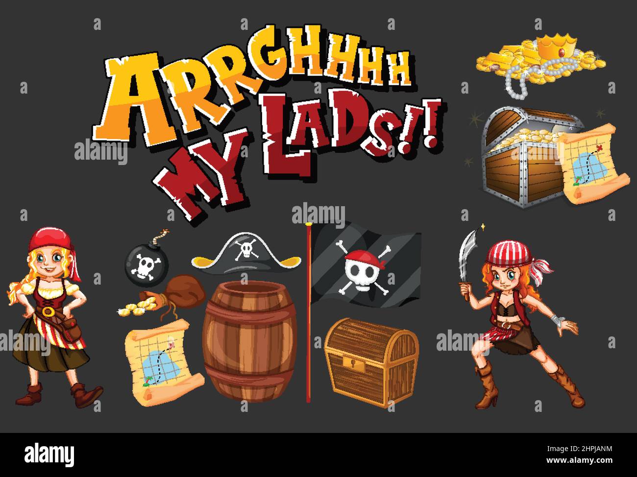 Set of pirate cartoon characters and objects illustration Stock Vector ...