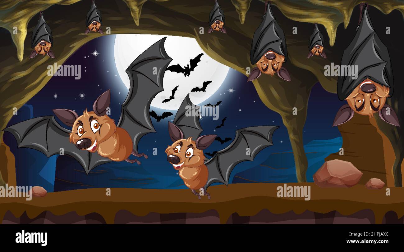 Cave scene with many bats in cartoon style illustration Stock Vector ...