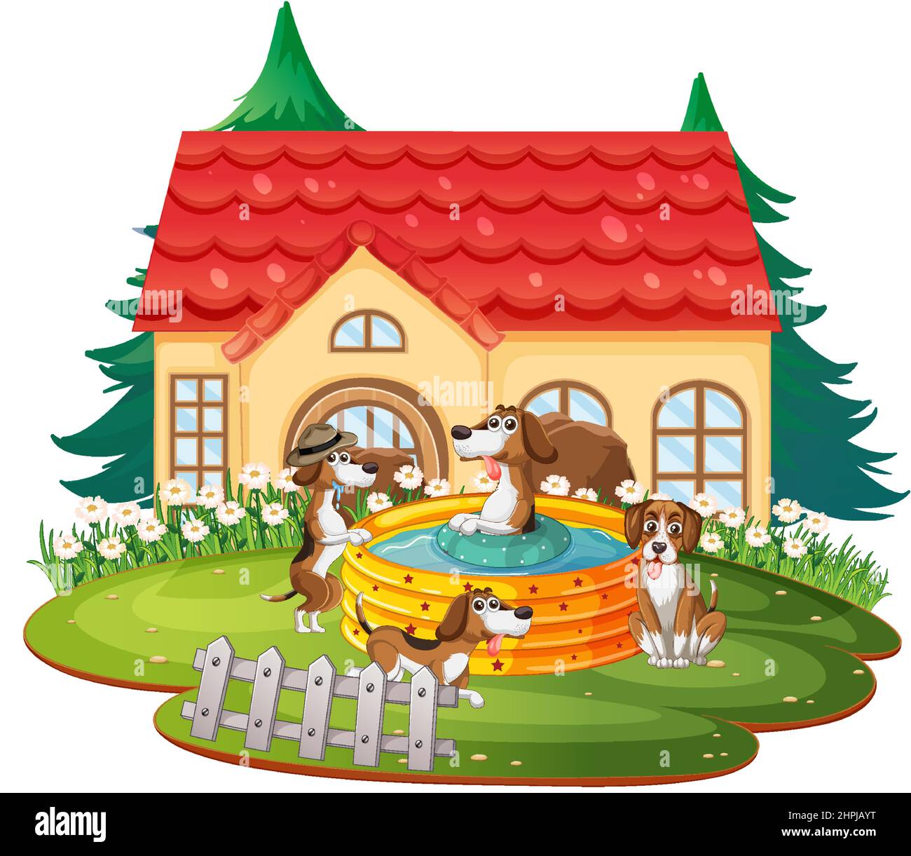 Dogs playing in the pool in front of the house illustration Stock ...