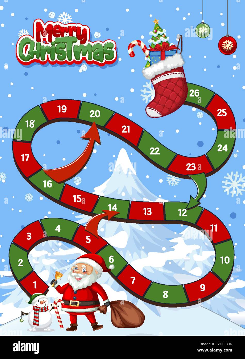 Snake and ladders game template with Christmas theme illustration Stock ...