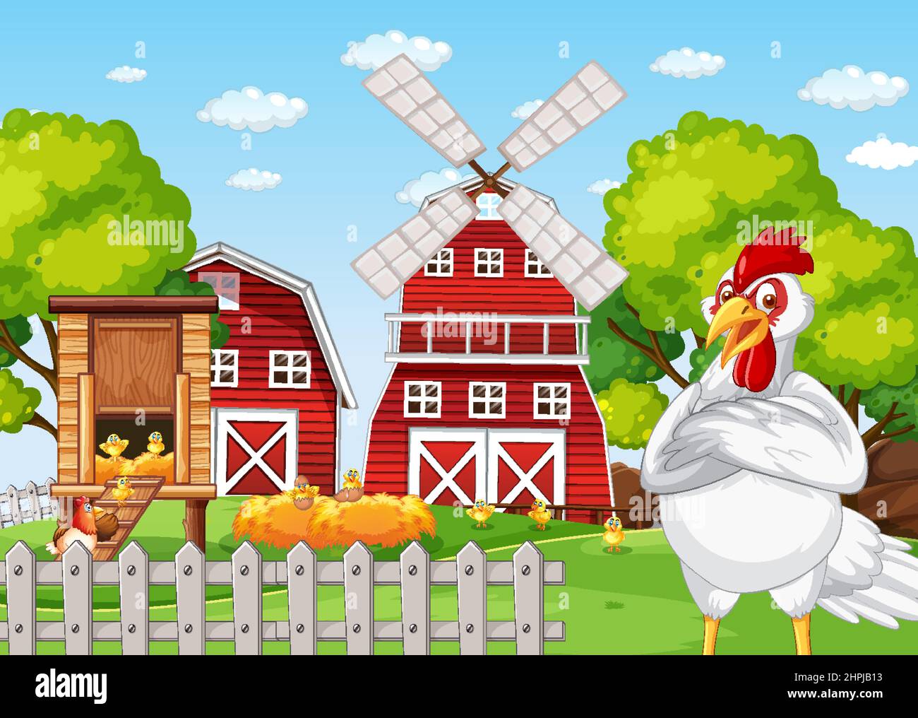 A chicken cartoon character standing in front of farm illustration ...