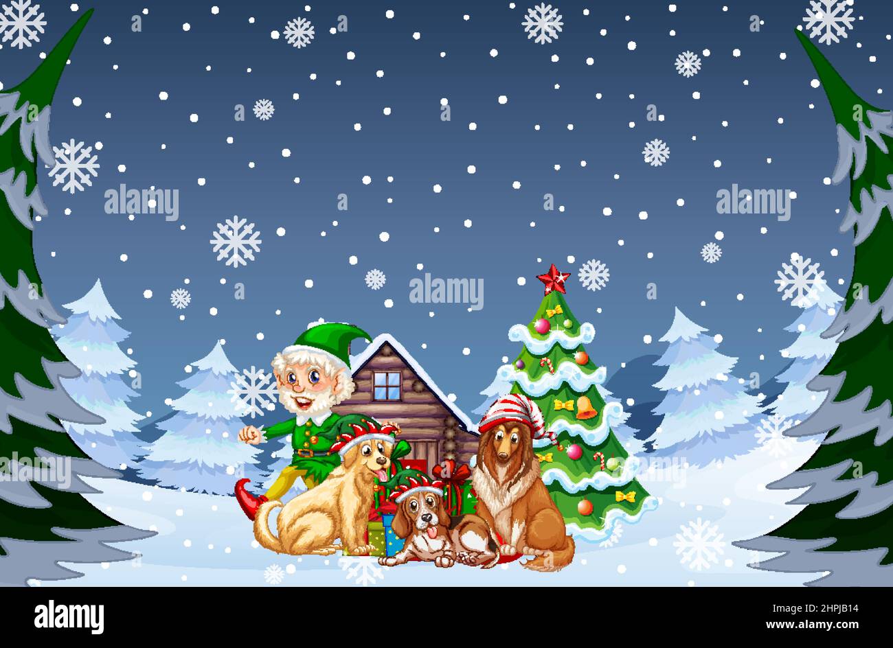 Snowy night scene with Christmas cartoon characters illustration Stock ...