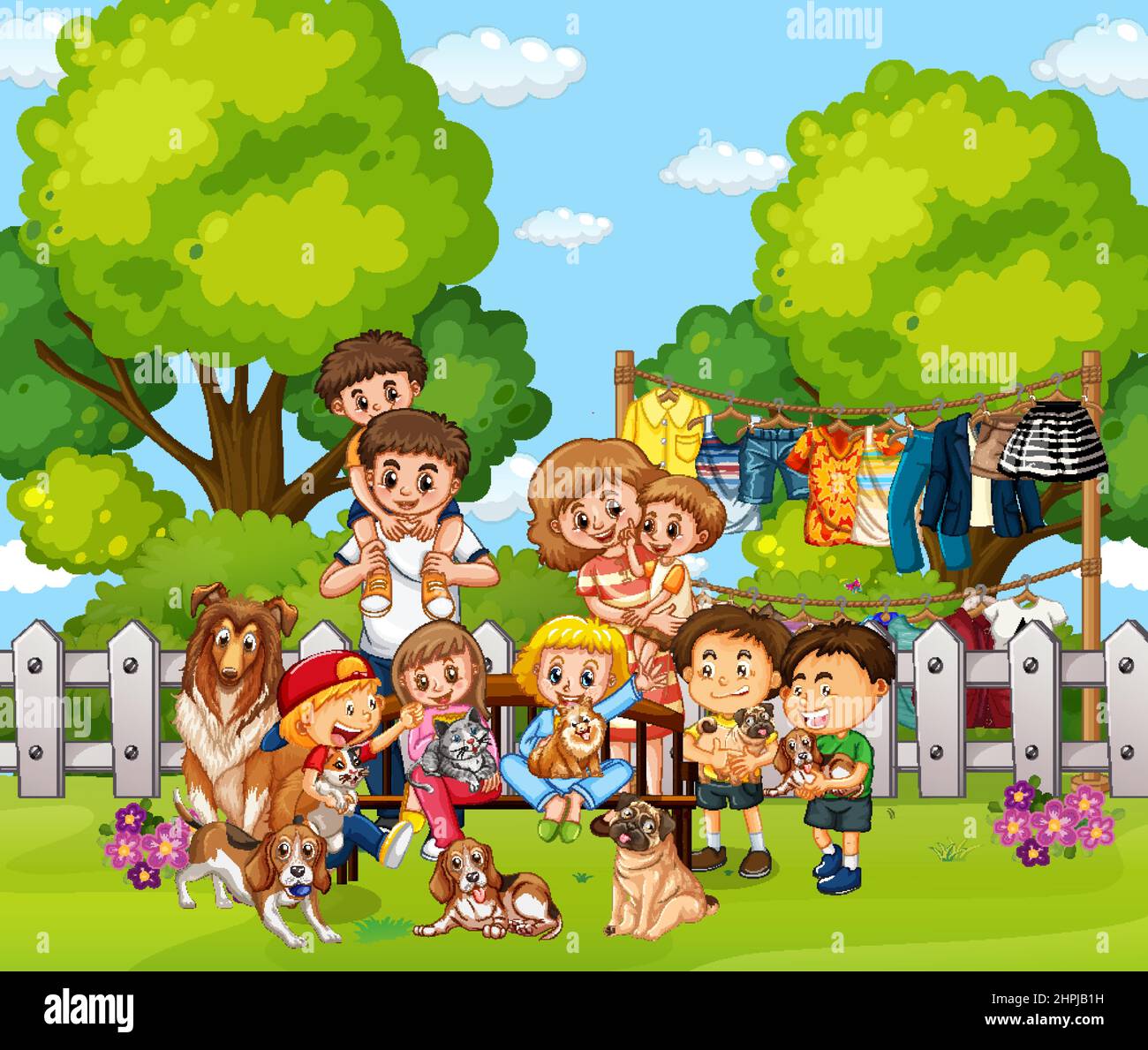 Outdoor scene with happy family and dogs illustration Stock Vector ...