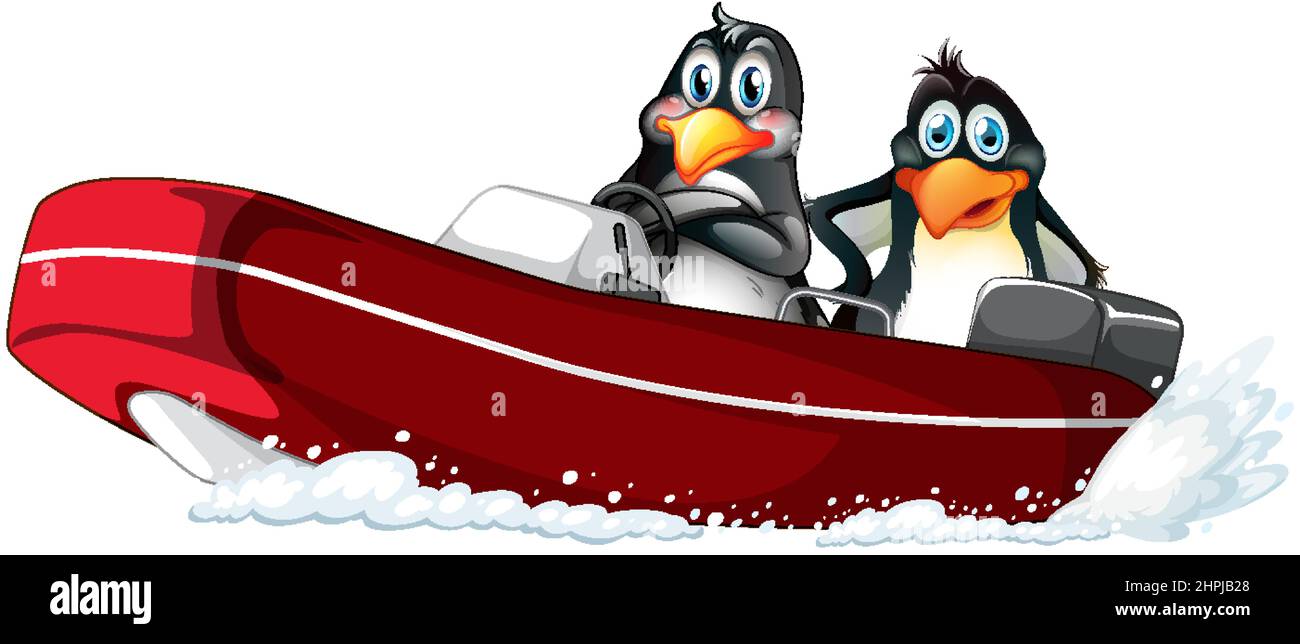 Penguins on a speed boat in cartoon style illustration Stock Vector ...
