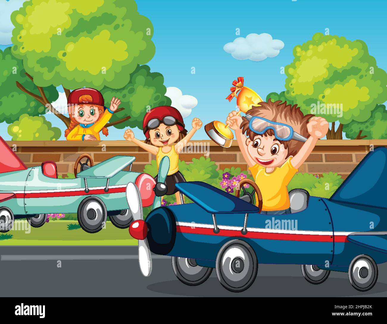 Outdoor scene with children racing car illustration Stock Vector Image ...