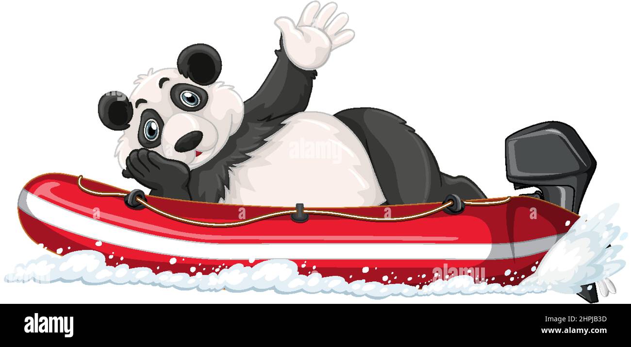 Panda on motor inflatable boat in cartoon style illustration Stock ...