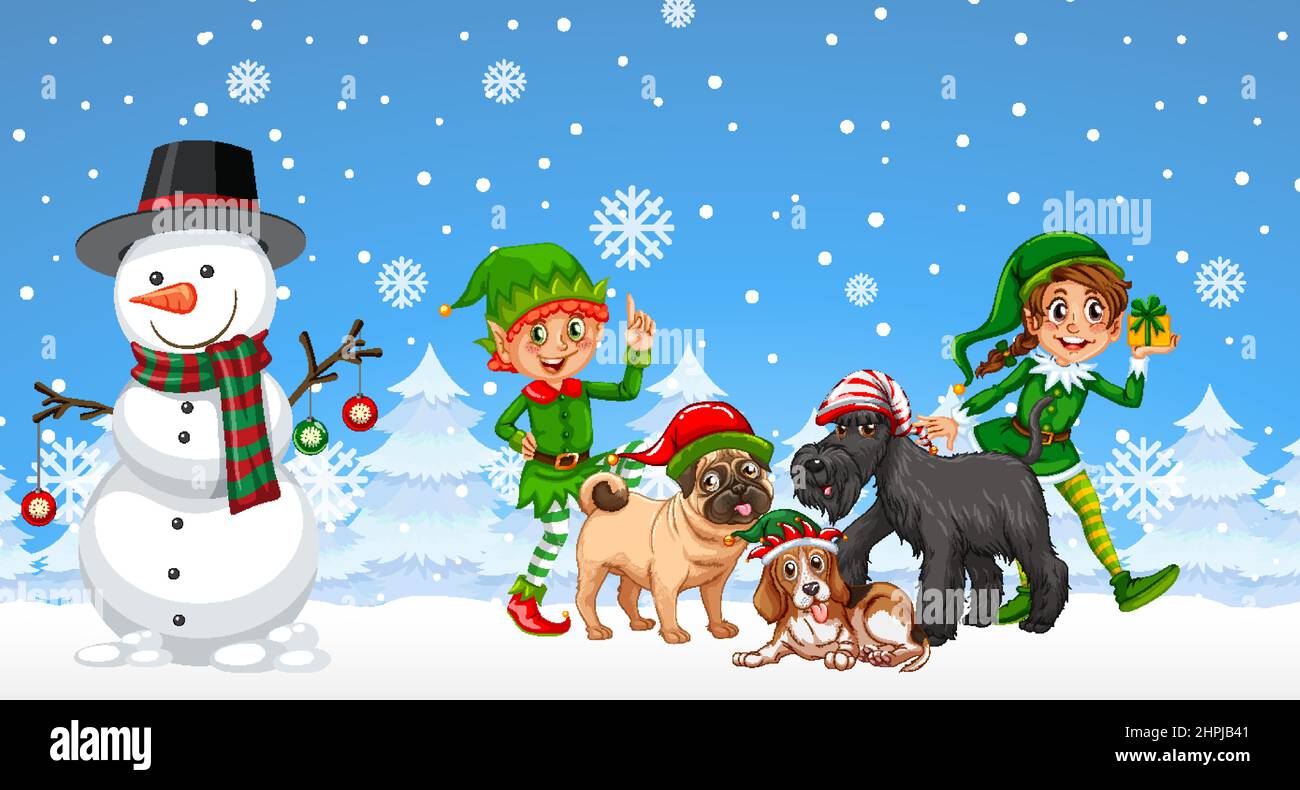 Christmas snowman and dogs on snowy blue background illustration Stock ...