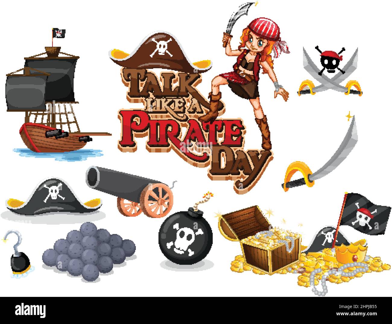 Set of pirate cartoon characters and objects illustration Stock Vector ...