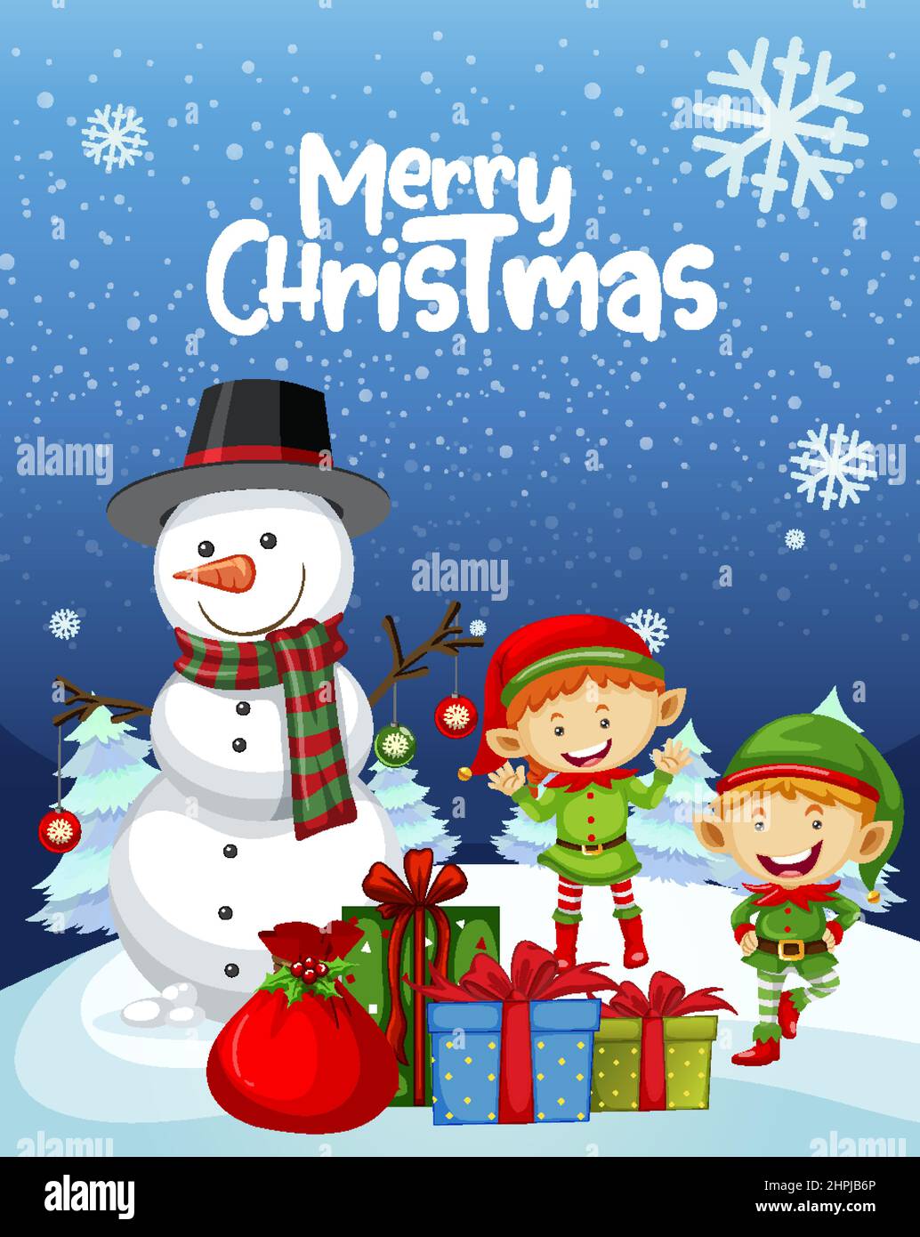 Christmas poster design with snowman and elves illustration Stock ...