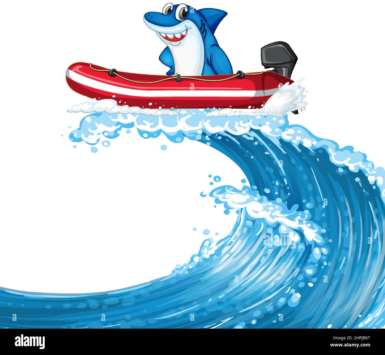 Happy shark on inflatable boat with ocean wave illustration Stock ...