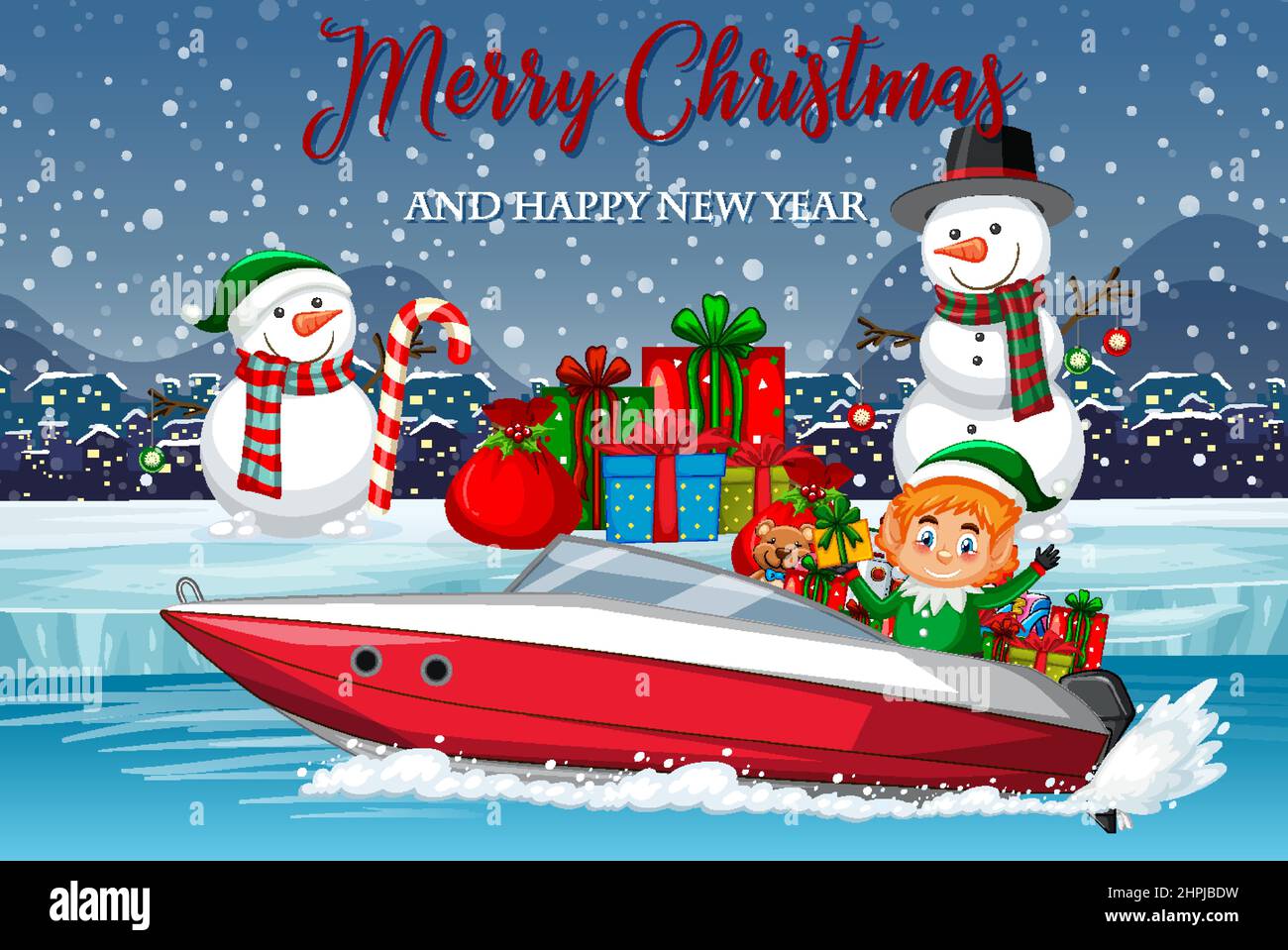 Merry Christmas poster with elf delivering gifts by speedboat ...
