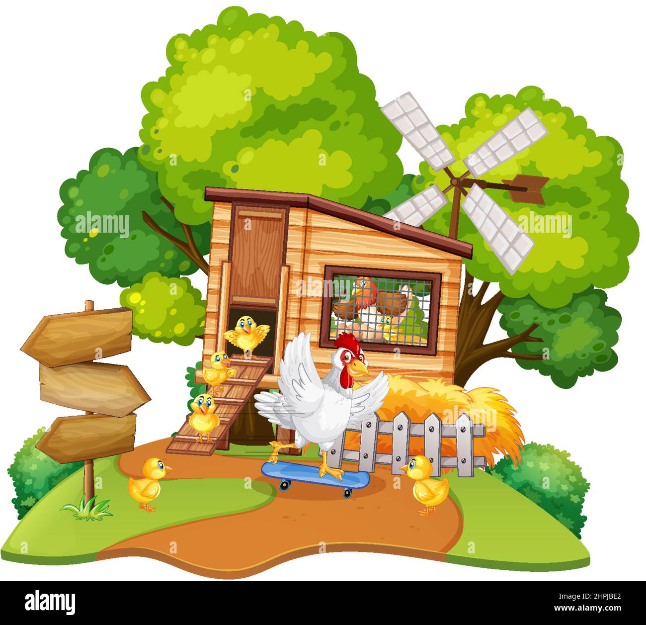 An Isolated Scene With A Group Of Chickens In Cartoon Style Illustration Stock Vector Image