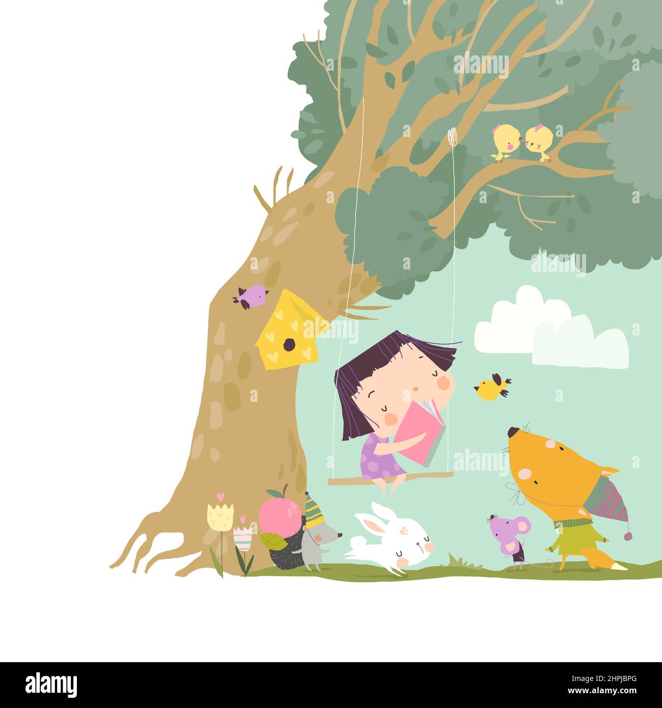 Little Girl reading Book with Cute Animals Stock Vector Image & Art - Alamy