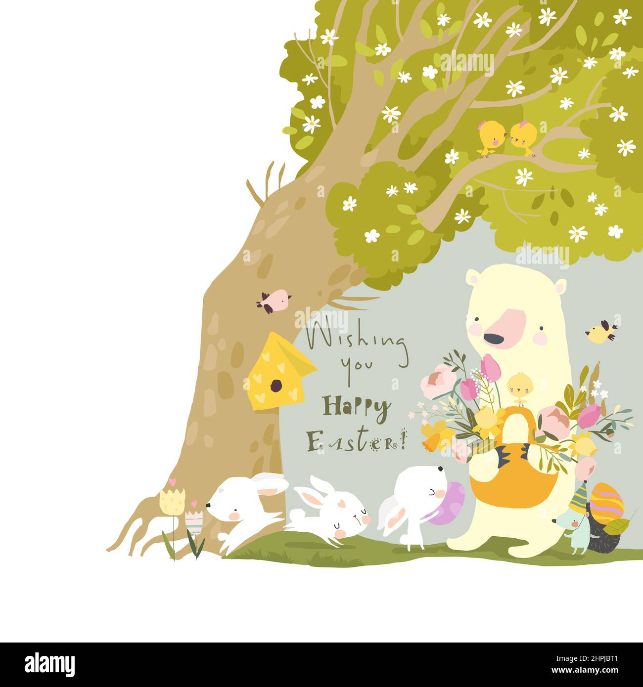 Cute Cartoon Animals celebrating Easter in the Spring Forest Stock ...
