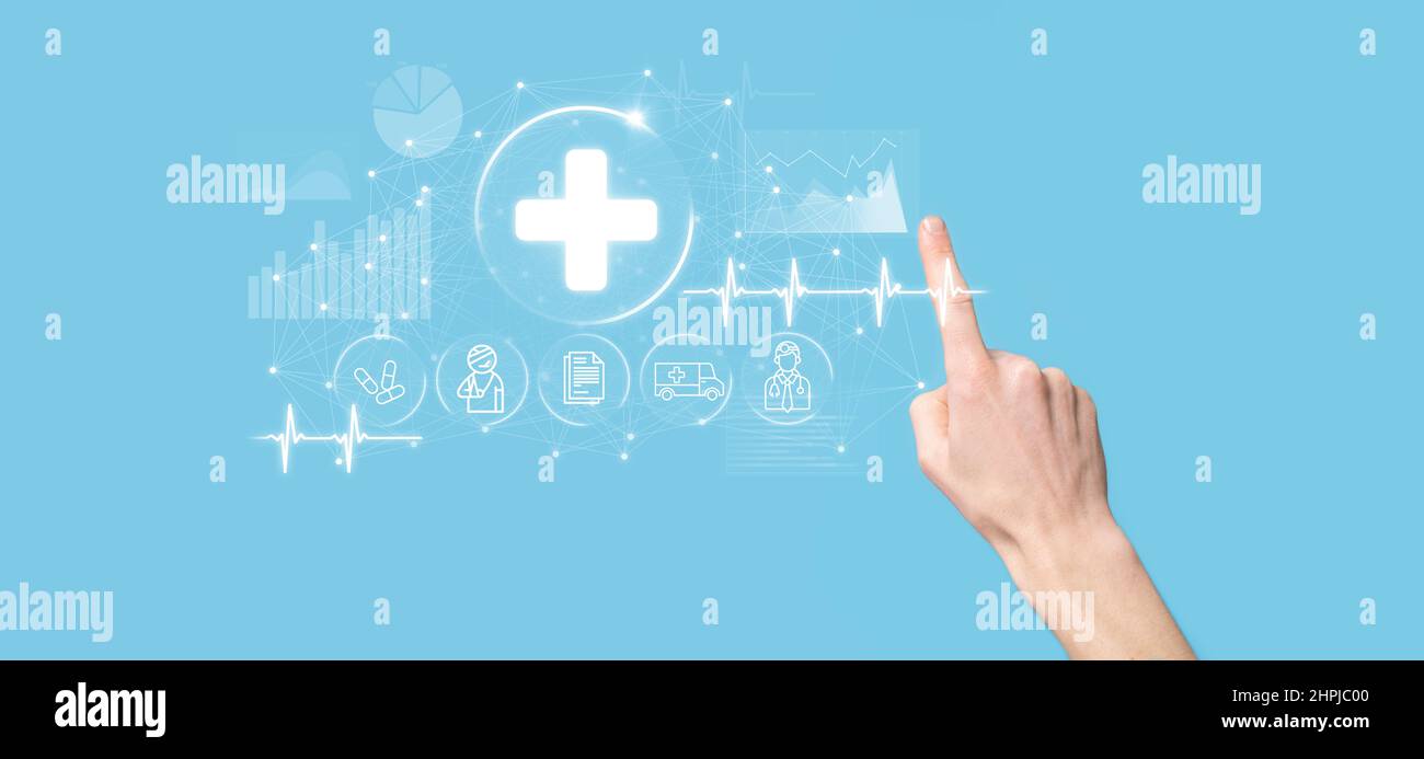 Businessman hold virtual plus medical network connection icons. Covid ...