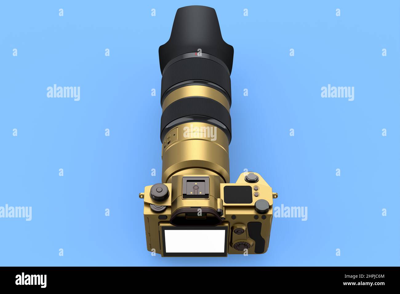 Concept of nonexistent gold DSLR camera with lens isolated on a blue ...