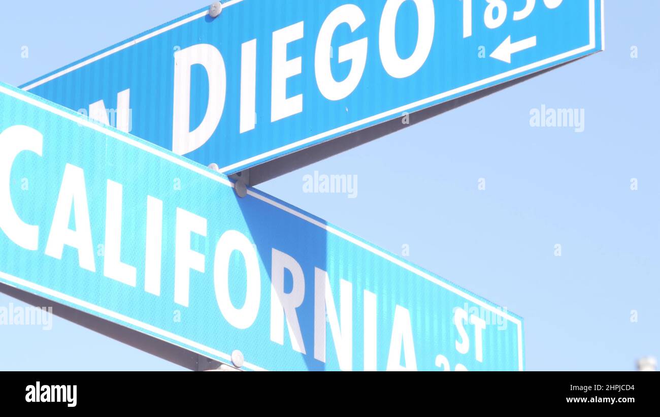 San Diego and California street crossroad sign, road intersection USA ...