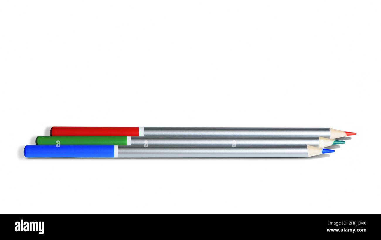 Color pencils isolated on white background. Three pencils in rgb colour ...