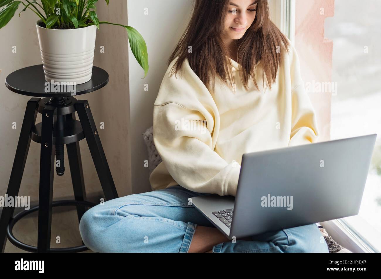 Teenager school-girl pupil distance learning online at remote virtual ...