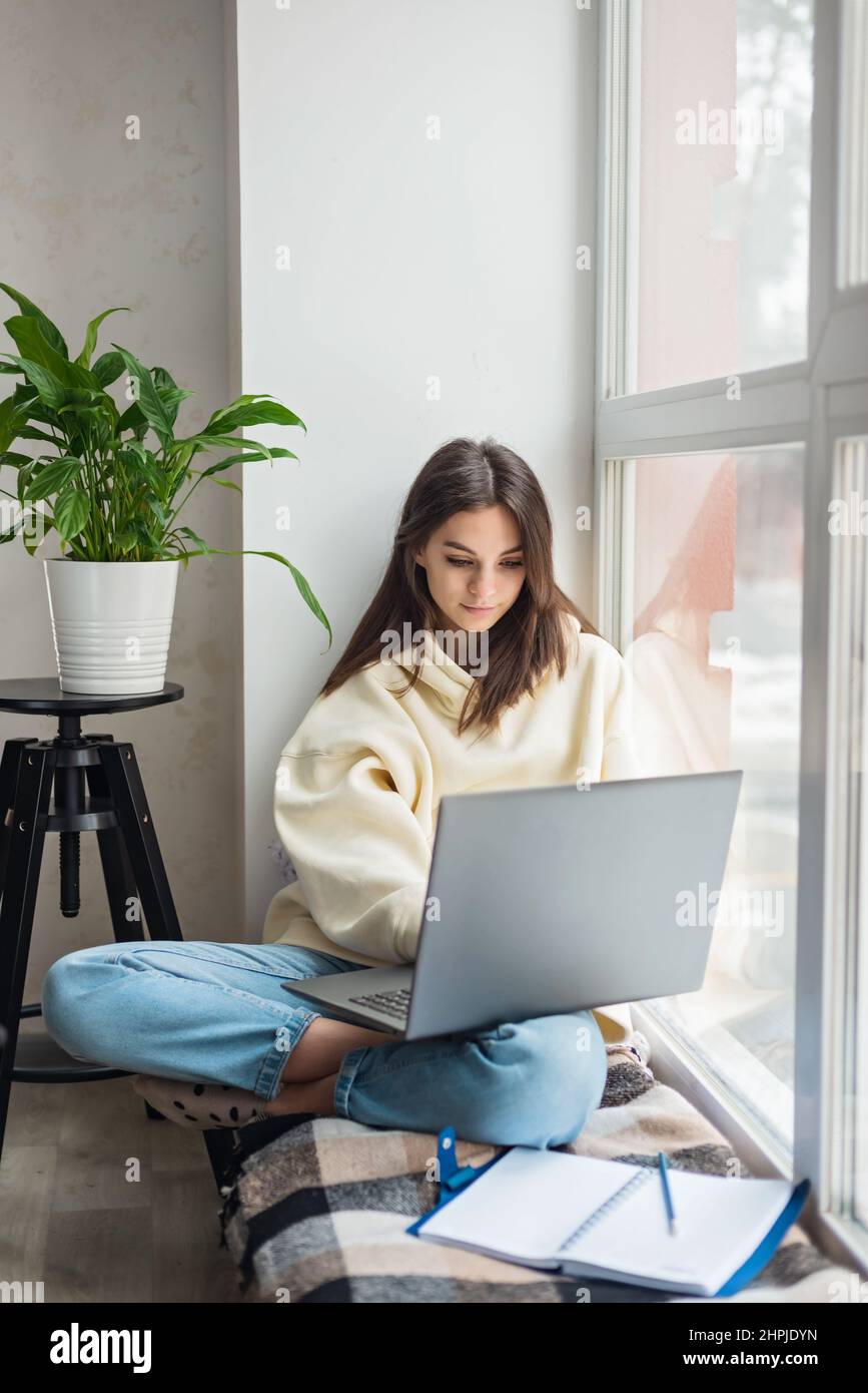 Teenager school-girl pupil distance learning online at remote virtual ...