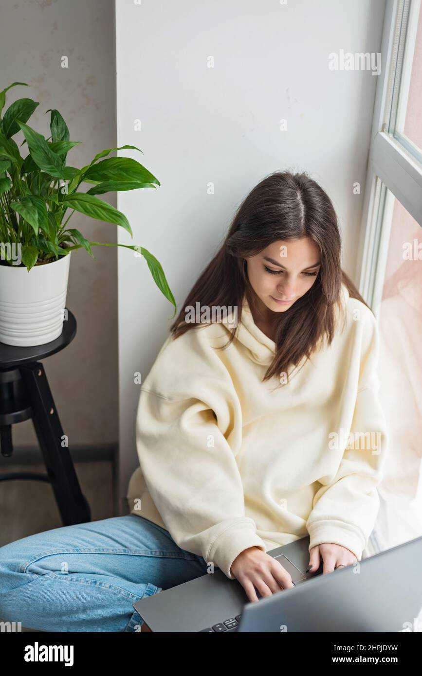 Teenager school-girl pupil distance learning online at remote virtual ...