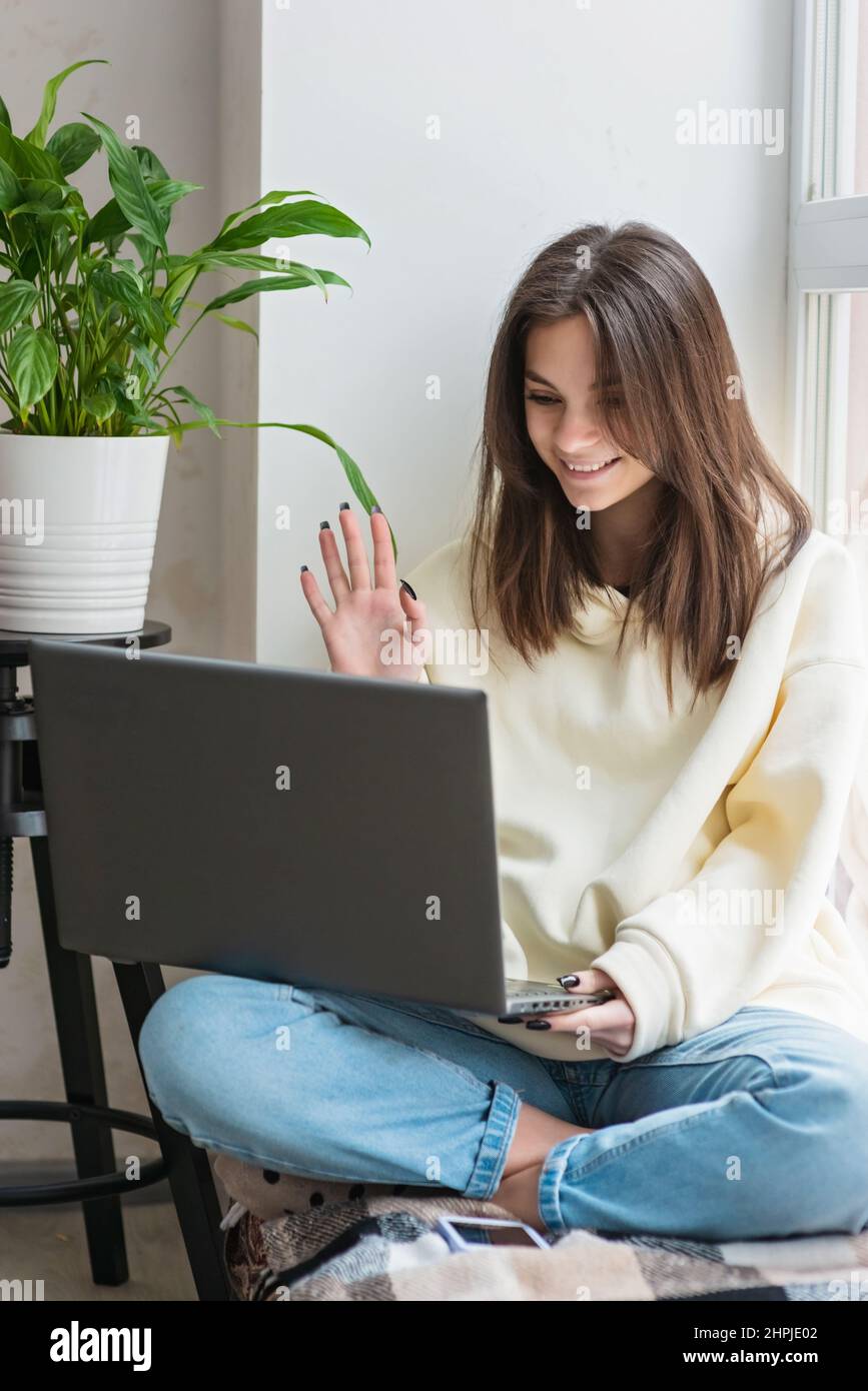 Teenager school-girl pupil distance learning online at remote virtual ...